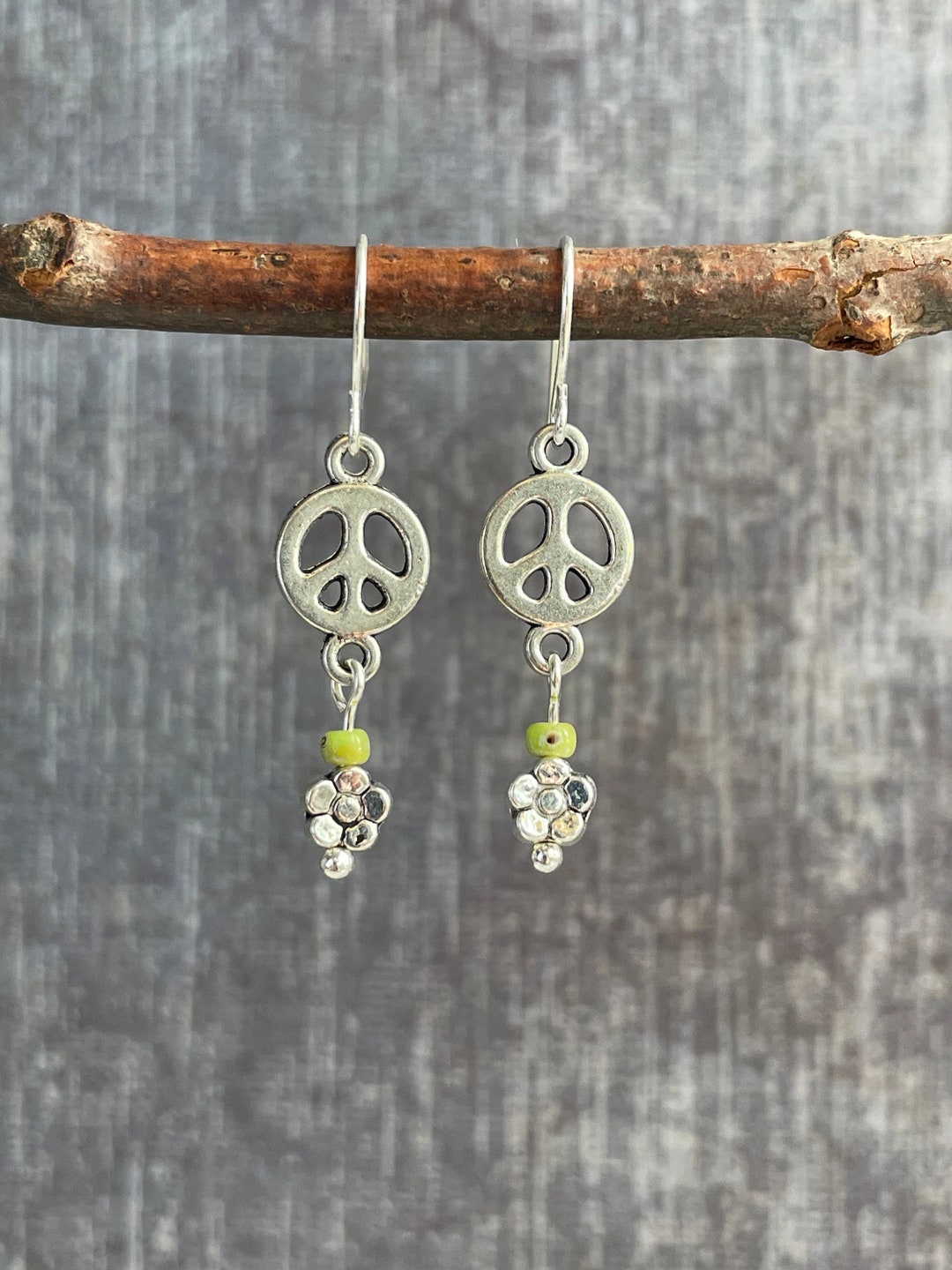 Small Peace Sign Earrings / Silver Flower Earrings / Small Dangle ...
