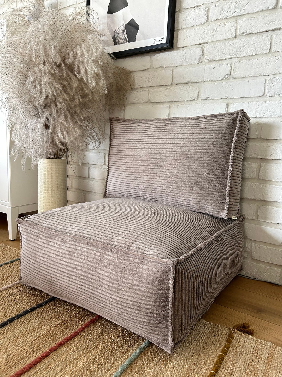 Beige Floor Seat Cushion With Backrest, Corduroy Seat, Ottoman Pouffe ...