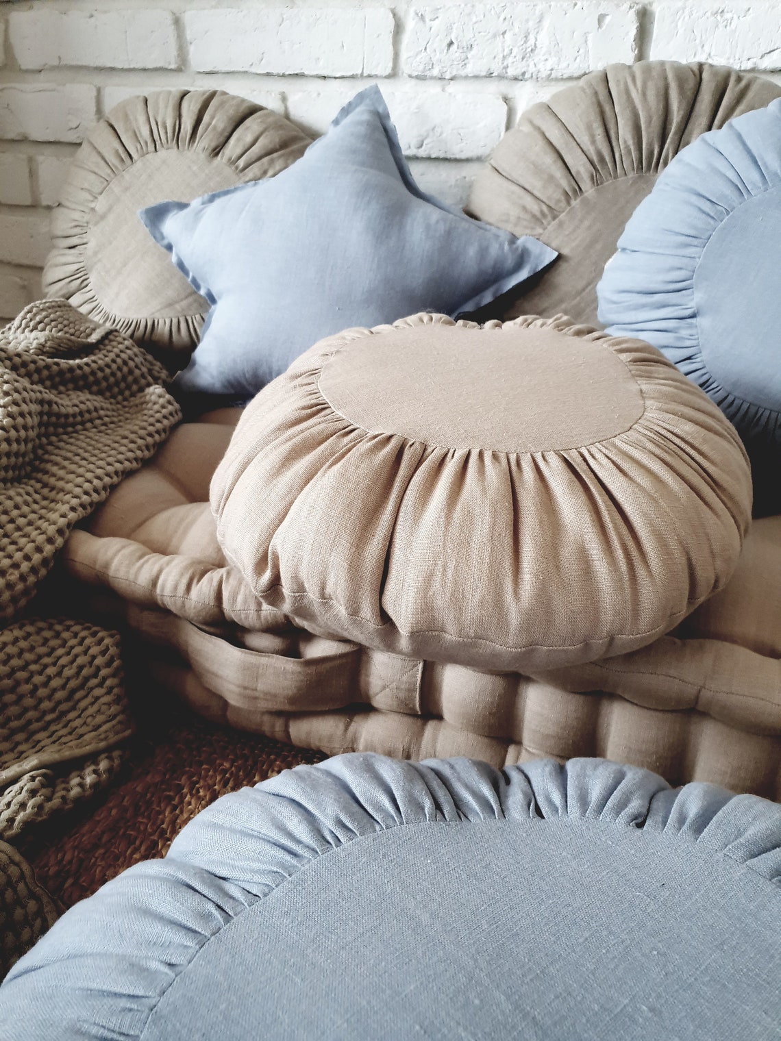 Round Pillow Linen Pillow Stone Washed Soft Handmade | Etsy