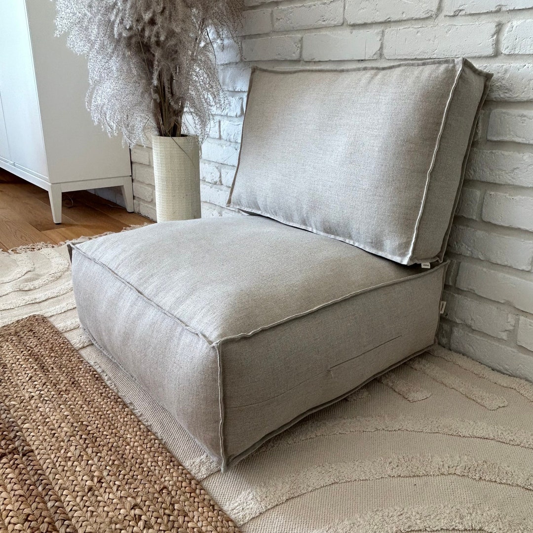 Linen Floor Pouf With Backrest, Floor Pillow, Moroccan Pouf, Moroccan ...