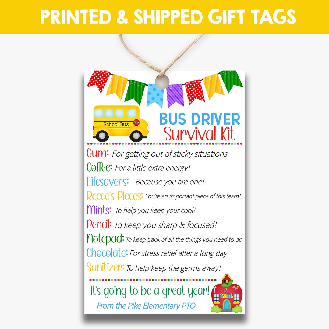 PRINTED Bus Drivers Survival Kit Gift Tags | Large Survival Kit Treat ...