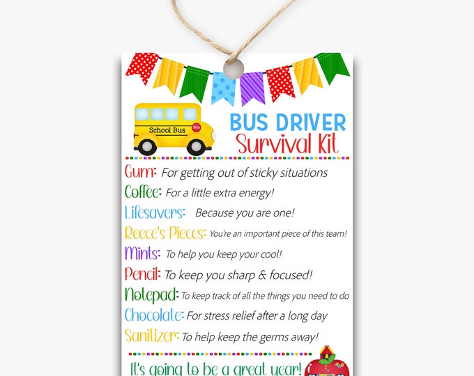 PRINTED Bus Drivers Survival Kit Gift Tags | Large Survival Kit Treat ...