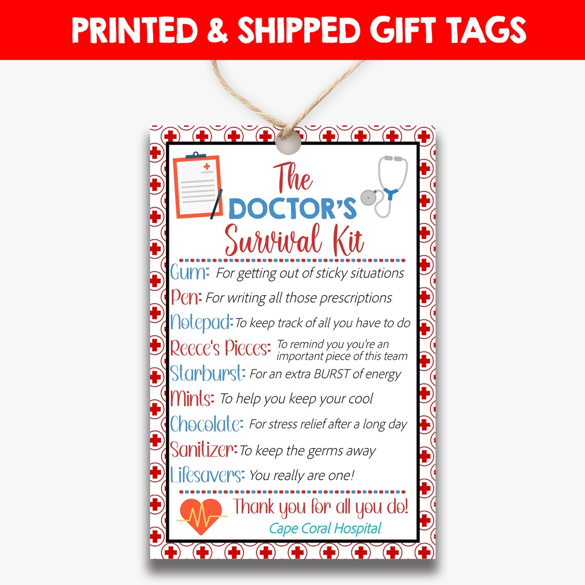 PRINTED Doctor's Survival Kit Gift Tags | Large Survival Kit Treat Tags ...