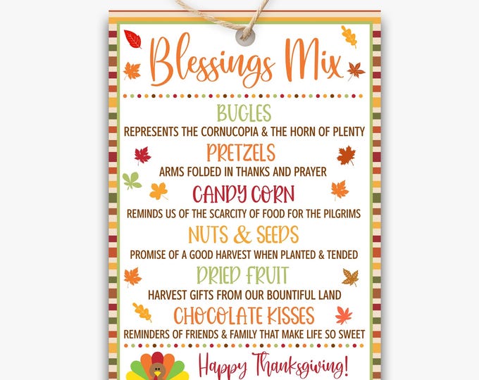 PRINTED Thanksgiving Blessings Mix Gift Bag Tag | Fall Trail Mix Treat ...