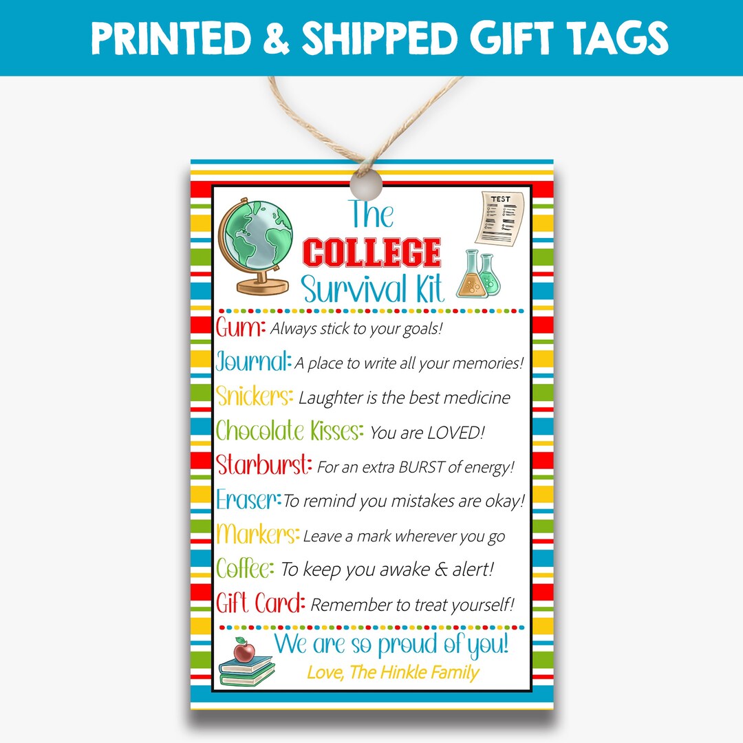 PRINTED College Survival Kit Gift Tags | Large Survival Kit Treat Tag ...