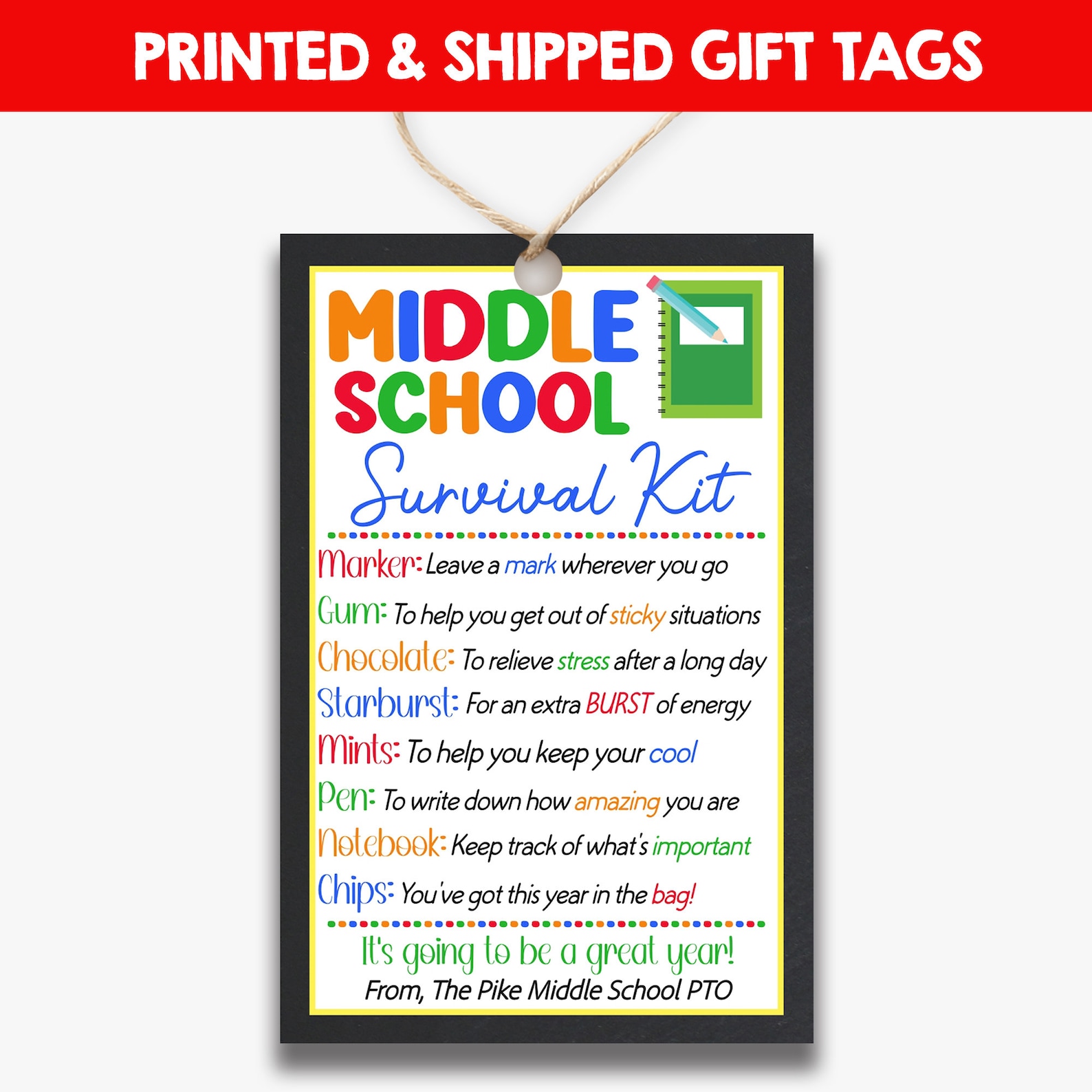 PRINTED Middle School Survival Kit Gift Tags | Large Survival Kit Treat ...