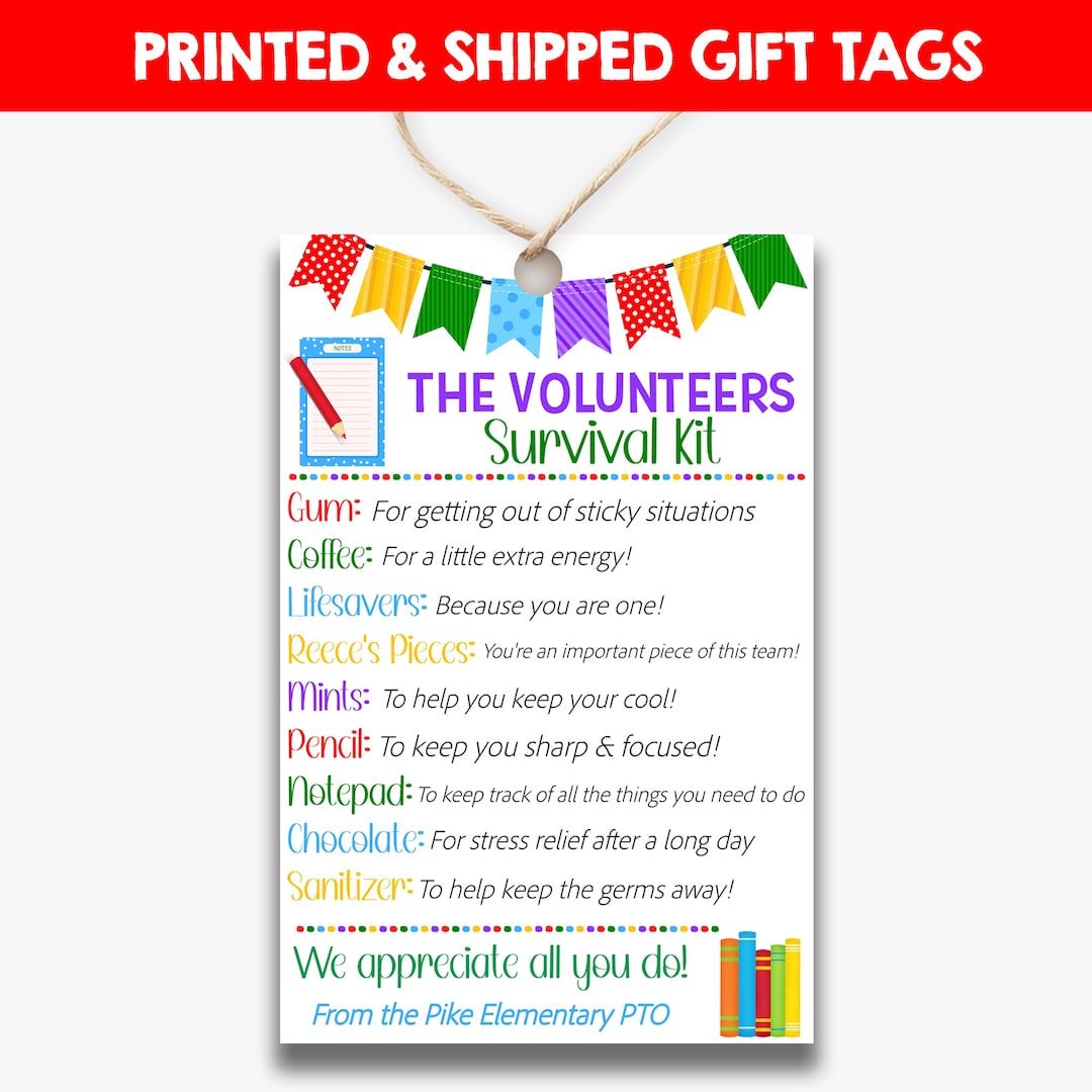 PRINTED Volunteer Survival Kit Gift Tags | Large Survival Kit Treat ...