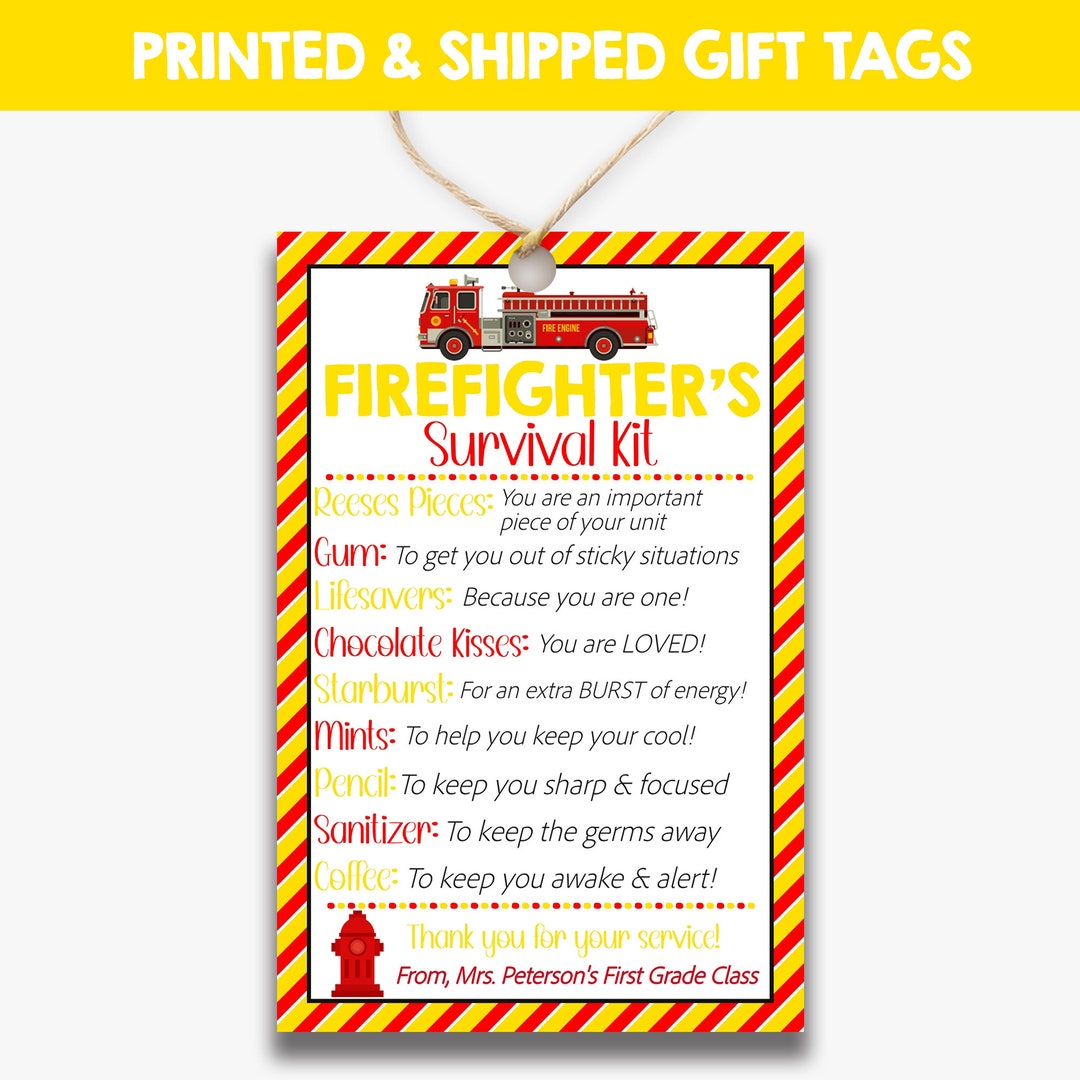 PRINTED Fireman's Survival Kit Gift Tags | Large Survival Kit Treat ...