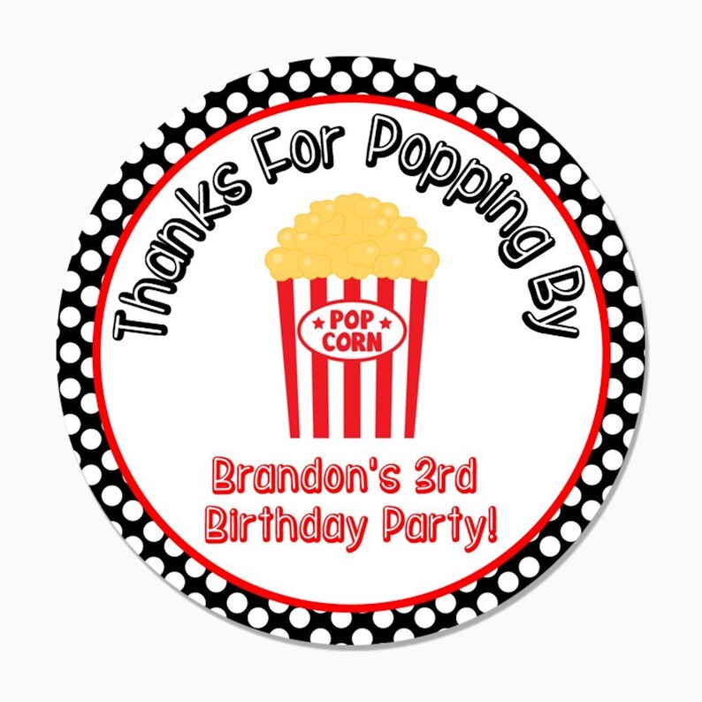 20 Customized Round Kid's Popcorn Birthday Party Favor Stickers ...