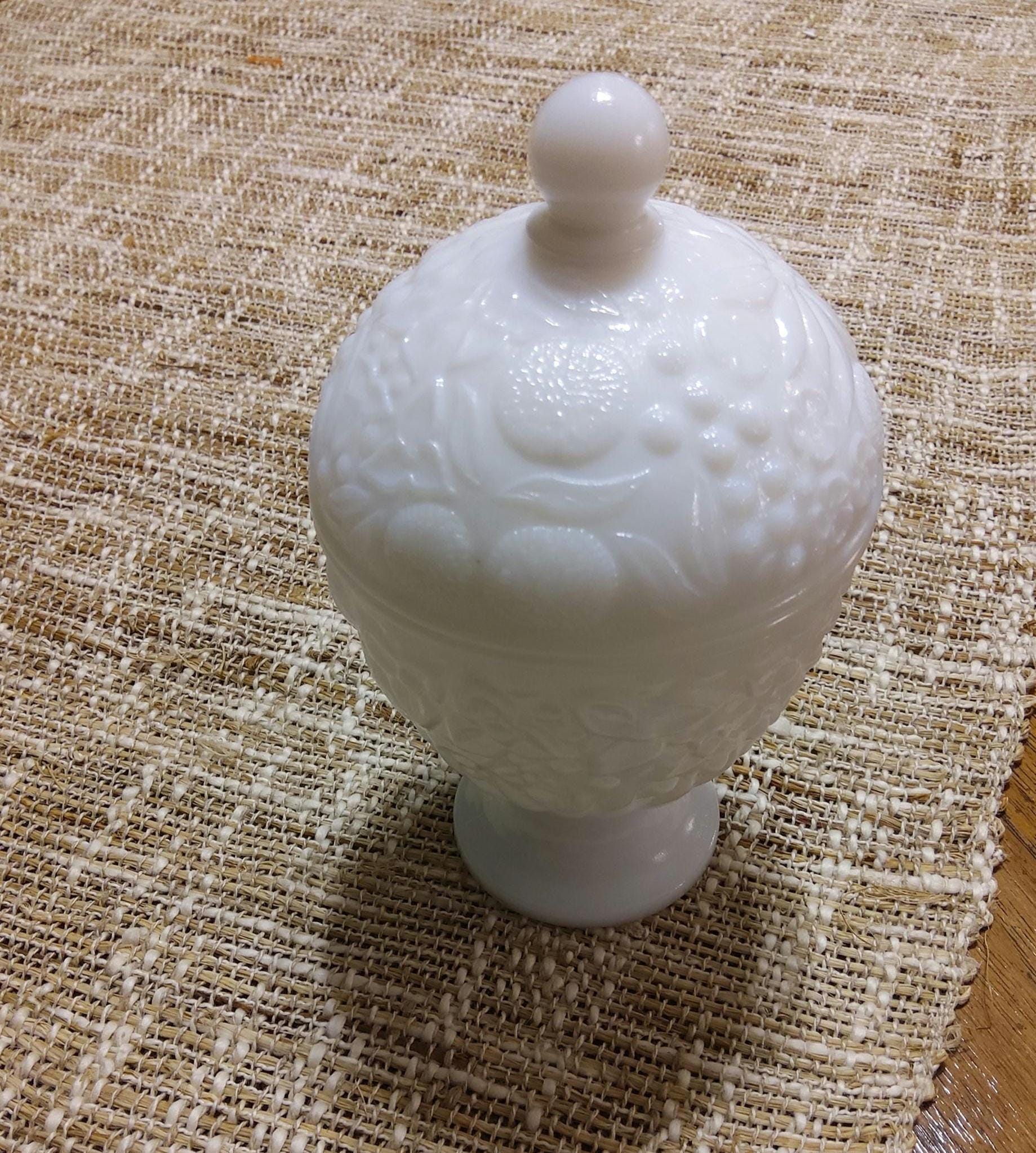 Vintage Avon Milk Glass Pedestal Jar With Lid - Fabergé Style Floral ...