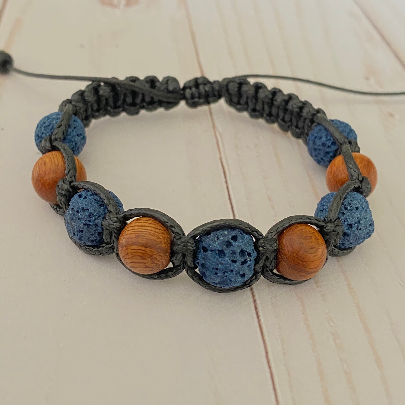 Beaded Men Bracelet, Blue Lava Beads Bracelet, Wooden Beads Bracelet ...