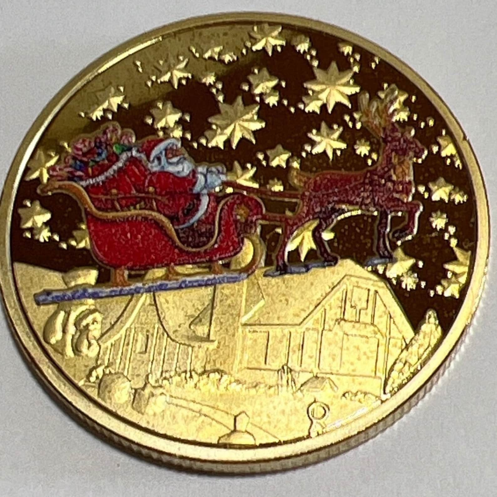 Merry Christmas and Santa Claus Delivering Presents Gold Trim Coin With ...