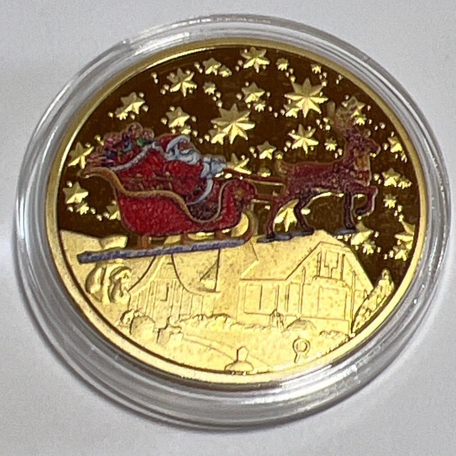 Merry Christmas and Santa Claus Delivering Presents Gold Trim Coin With ...