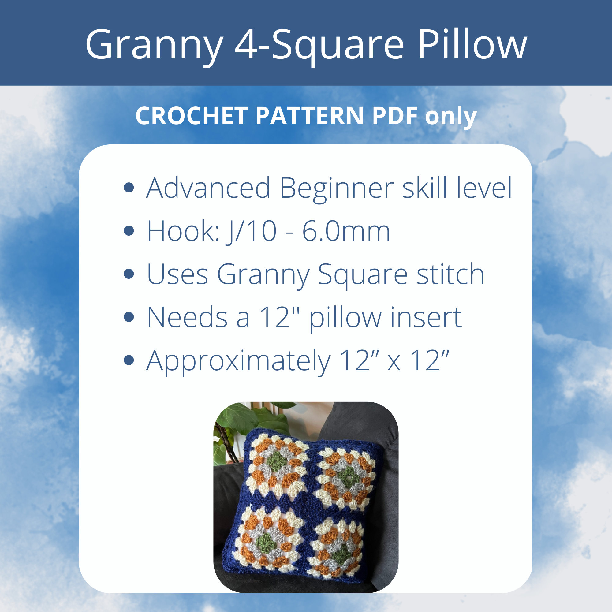 PDF Granny's 4-square Pillow Crochet Pattern. Granny Square Cushion ...