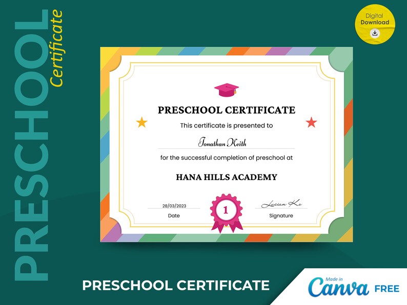 Editable Preschool Certificate, Printable 8.5x11 Customizable Preschool ...