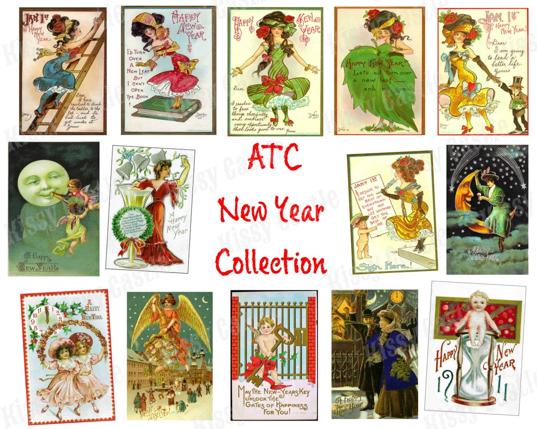 ATC New Year Collection: 14 Vintage Postcard Images instant Digital ...