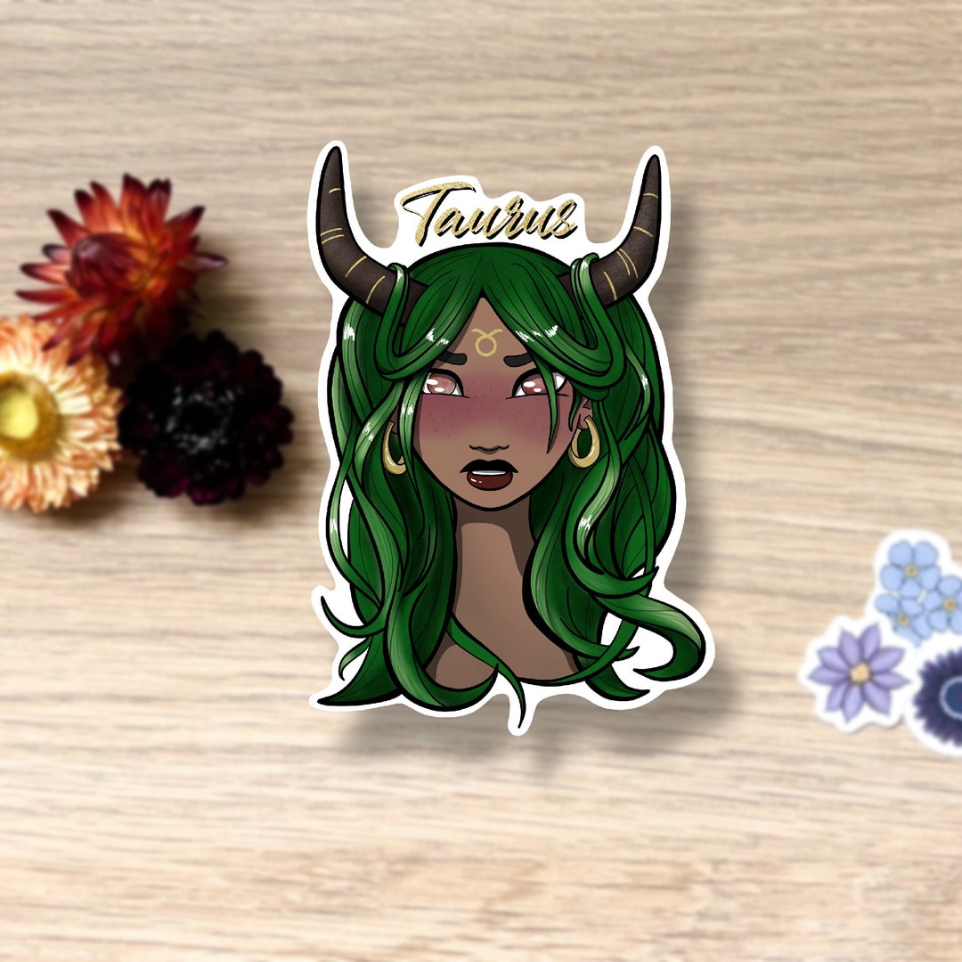 Taurus Zodiac Woman in Green and Gold, Single Sticker, Waterproof ...