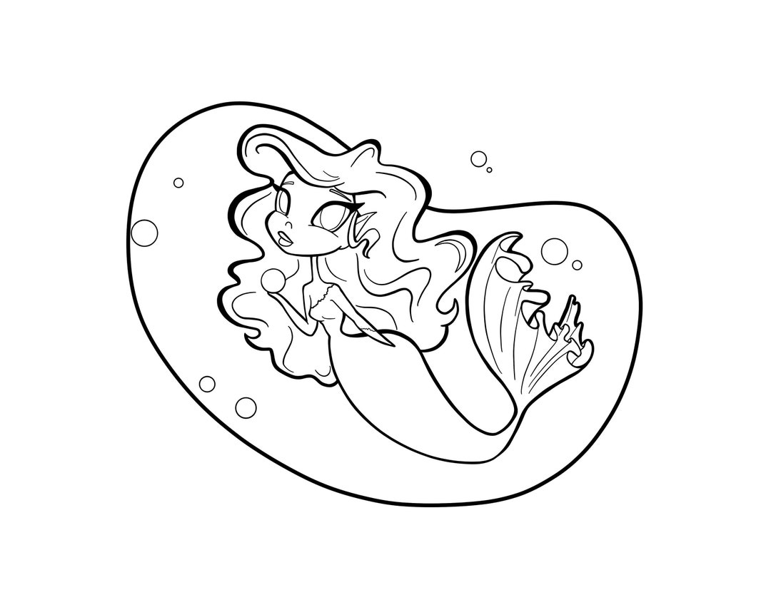Cutie Mermaid With Bubbles Printable Coloring Page - Etsy