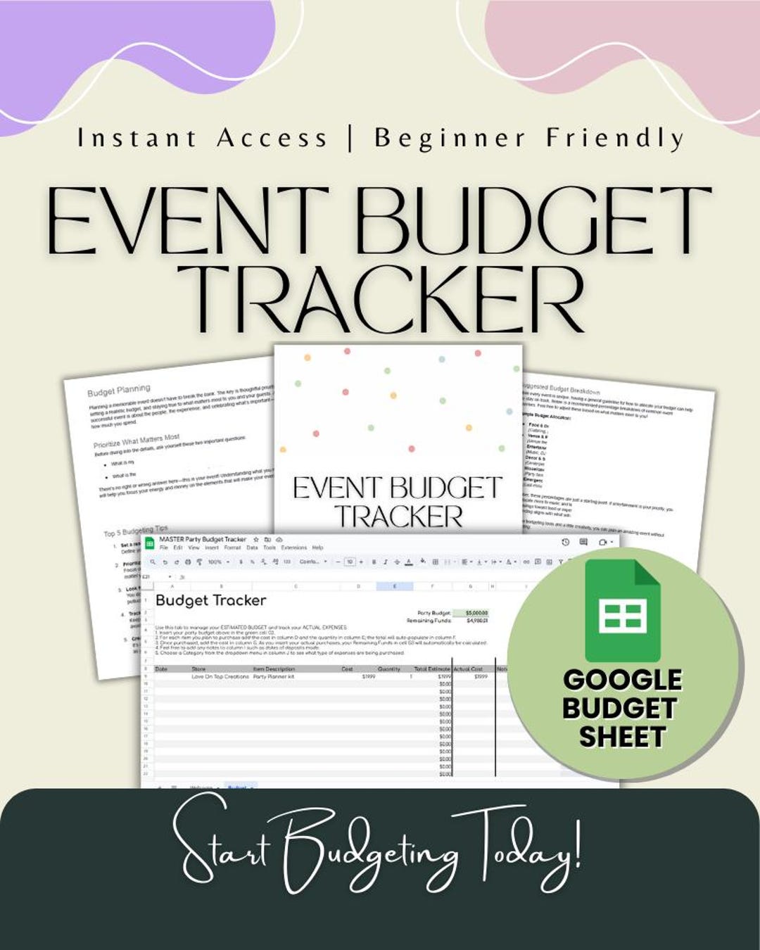 Event Budget Tracker in Google Spreadsheets | Event Expense Organizer ...