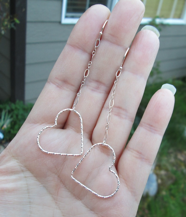 Sterling Silver Chain and Heart Frame Long Dangle Earrings - Etsy