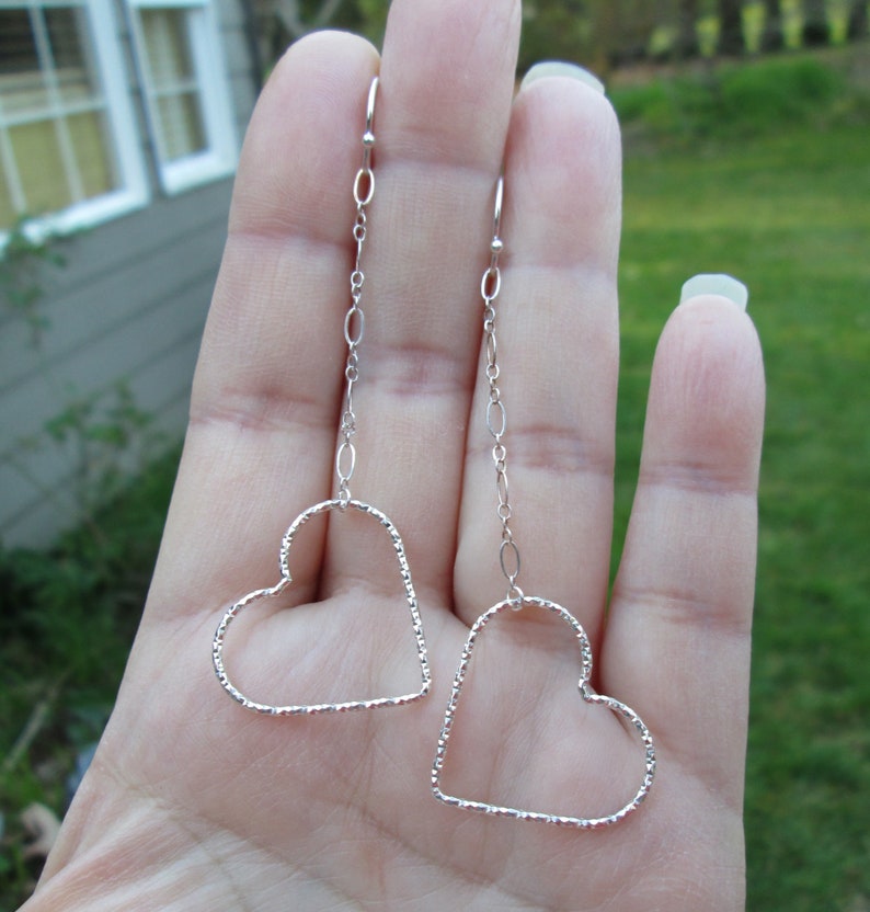 Sterling Silver Chain and Heart Frame Long Dangle Earrings - Etsy