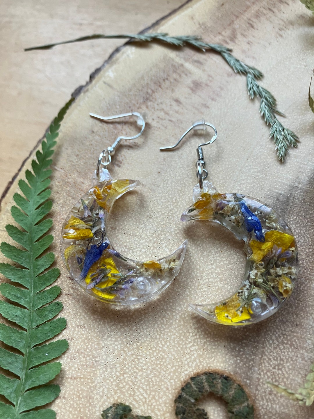 Sterling Silver Moon Crescent Pressed Flower Floral Botanical - Etsy