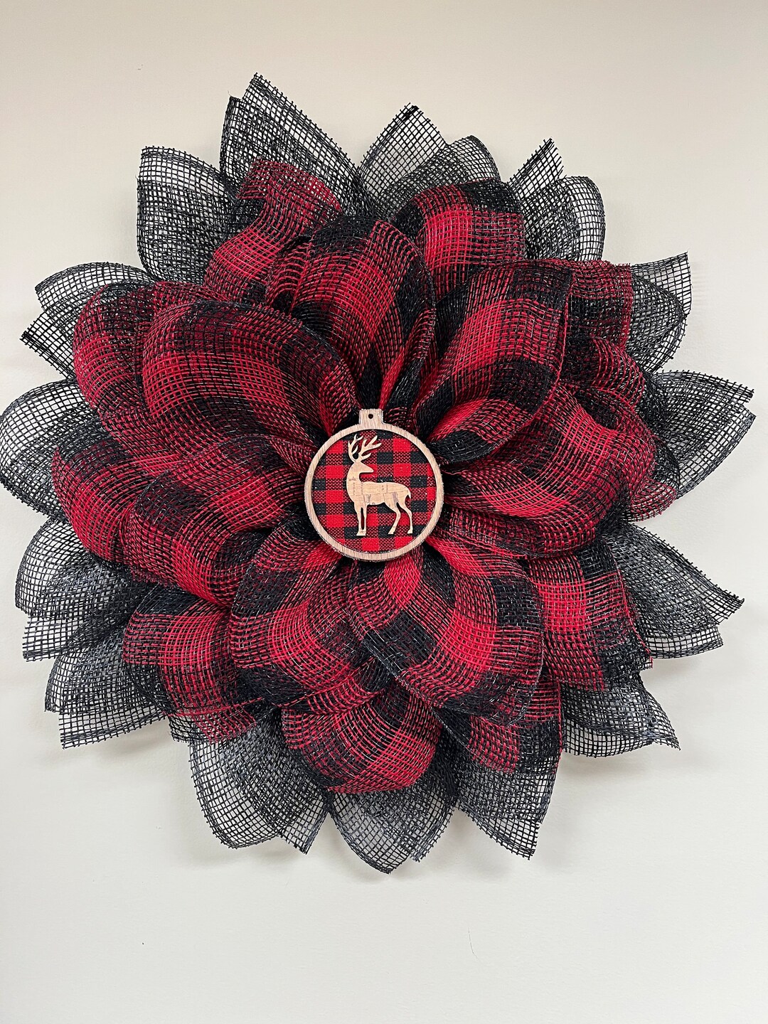 Buffalo Plaid Wreath, Red and Black Wreath, Reindeer Wreath, Holiday ...