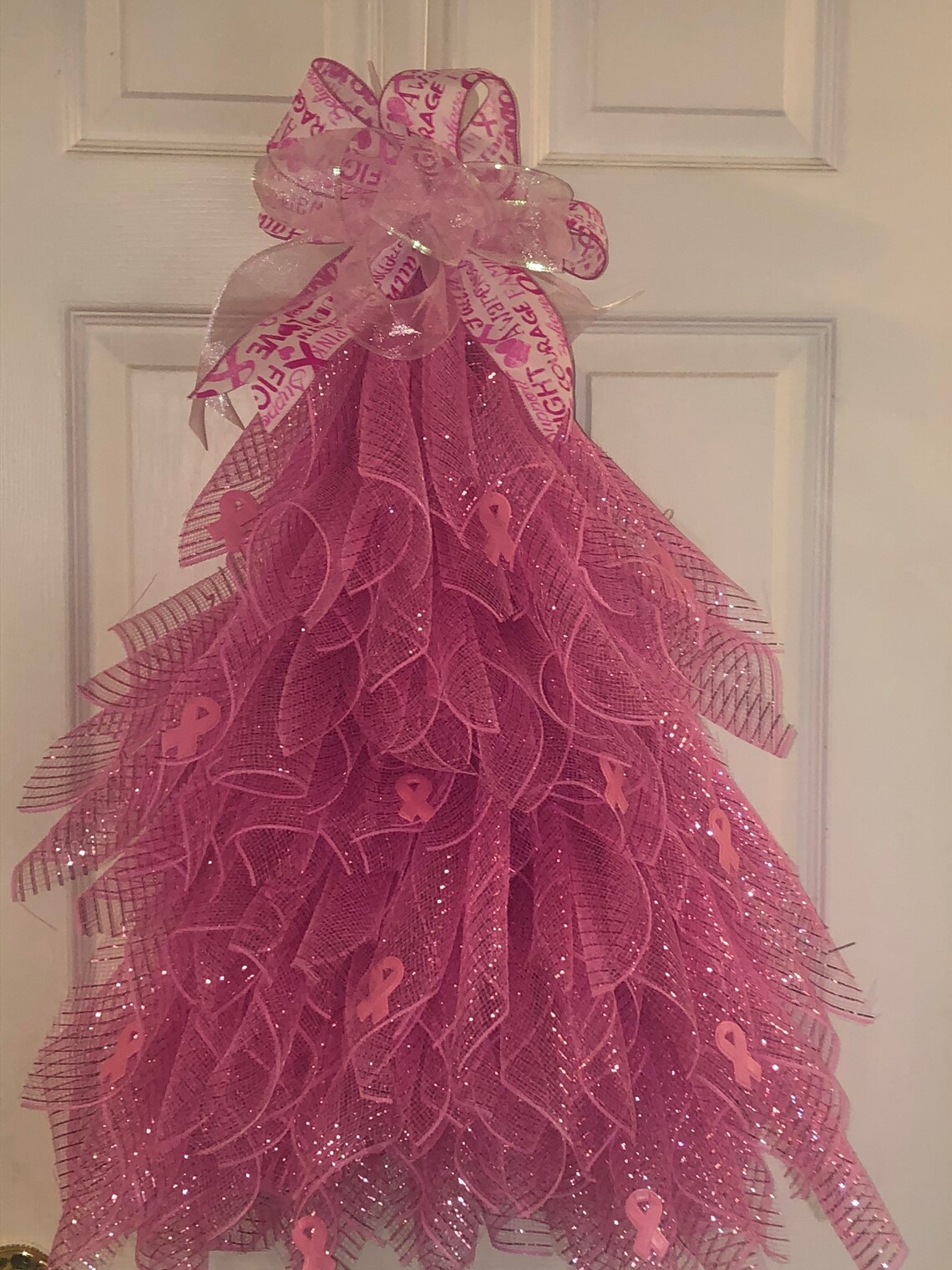 Breast Cancer Awareness Christmas Tree Wreath, Pink Ribbon Decor - Etsy