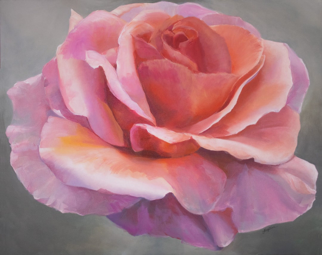 Acrylic Painting of a Macro Pink/peach Rose Flower "debutante" - 24" X ...
