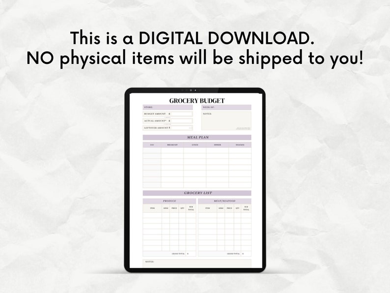 Grocery Budget Worksheet, Meal Planner Breakdown, Digital Instant ...