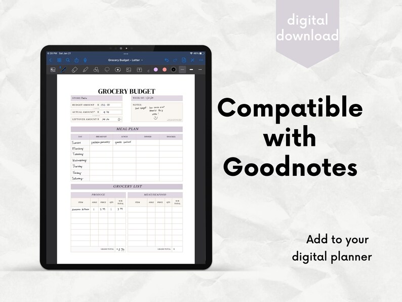 Grocery Budget Worksheet, Meal Planner Breakdown, Digital Instant ...