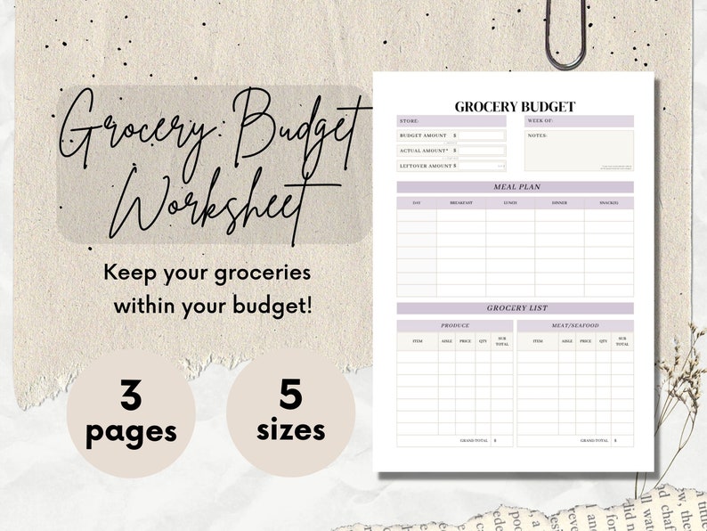 Grocery Budget Worksheet, Meal Planner Breakdown, Digital Instant ...