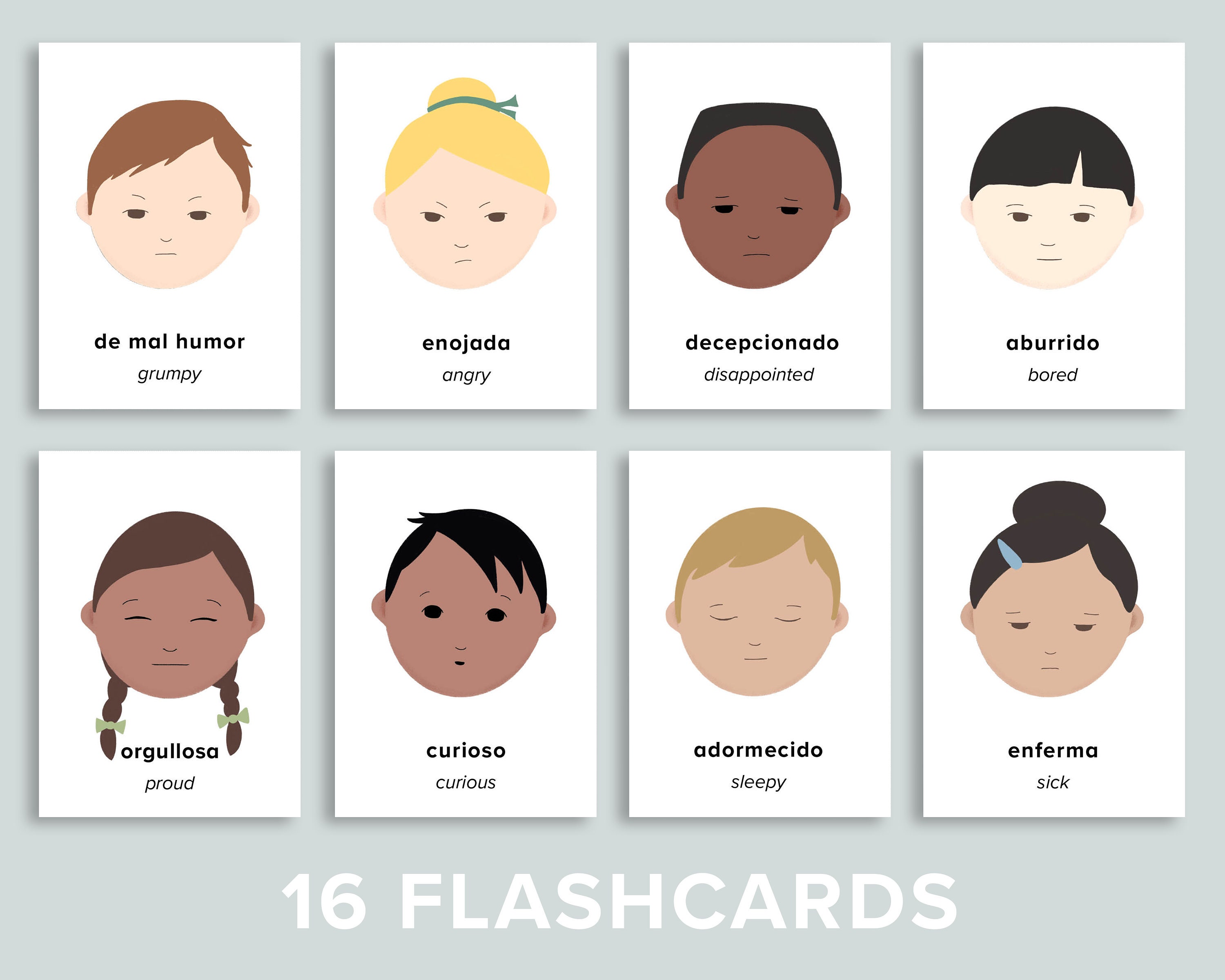 Spanish & English Emotions Bilingual Flashcards Printable - Etsy