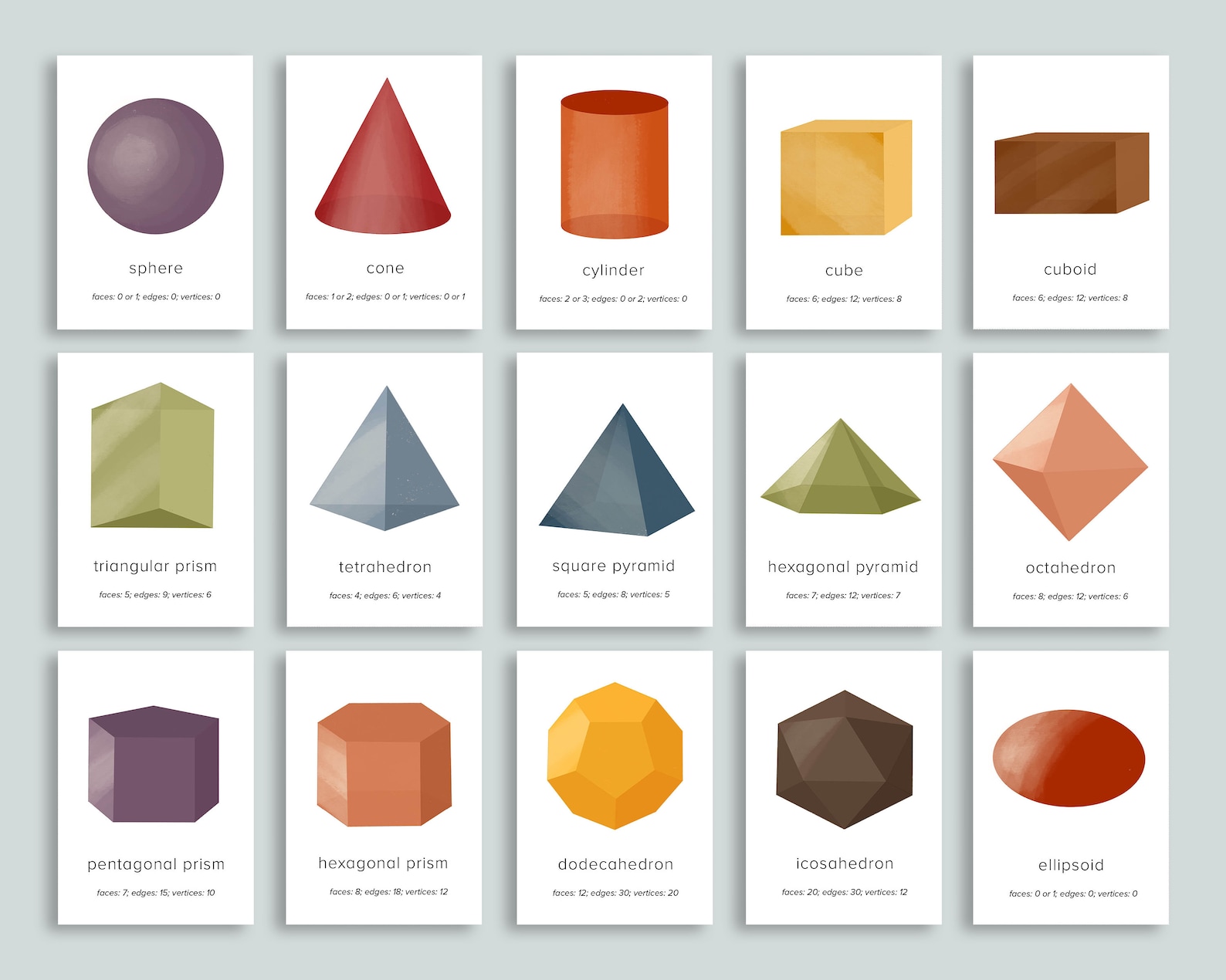 Minimalist 3D Shapes Flashcards Printable | Modern Geometry Basic Shape ...