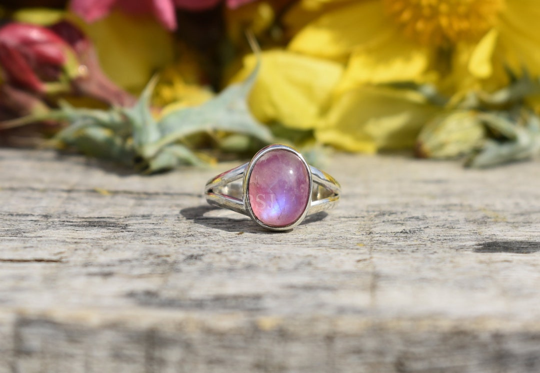 Pink Moonstone Ring, Split Band Ring, Pink Stone Ring, Oval Gemstone ...