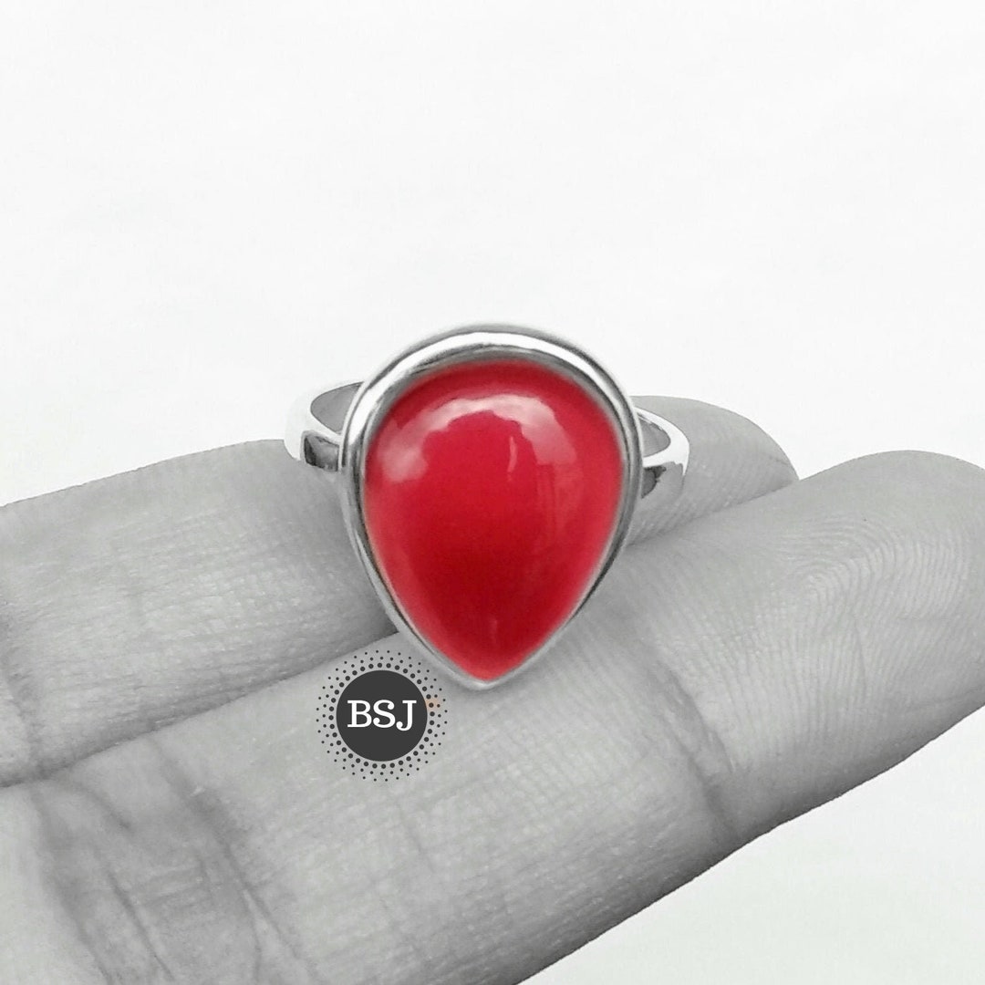 Pear Coral Ring, 925 Sterling Silver, Red Gemstone Ring, Silver ...