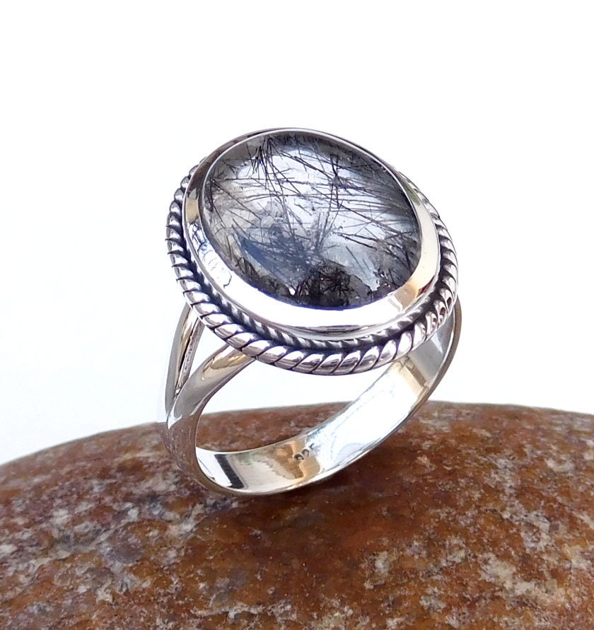 Oval Black Rutile Ring Rutilated Quartz Ring Tourmalated | Etsy