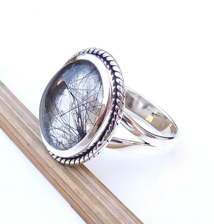 Oval Black Rutile Ring Rutilated Quartz Ring Tourmalated | Etsy