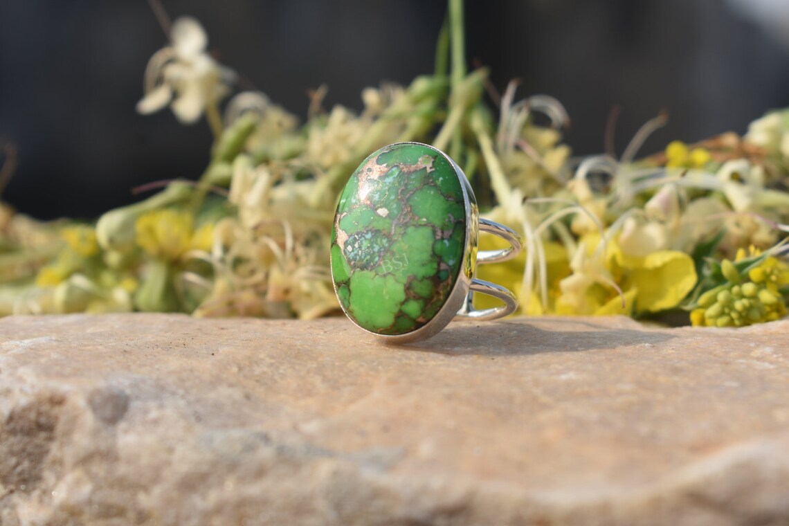 Green Copper Turquoise Ring Artisan Ring Double Band Ring - Etsy