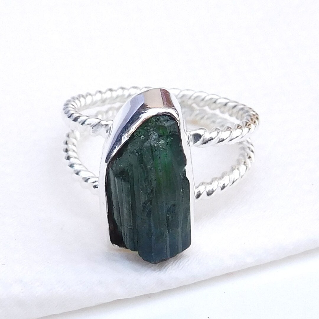 Black Tourmaline Ring, Twisted Band Ring, Twisted Silver Band, Rough ...