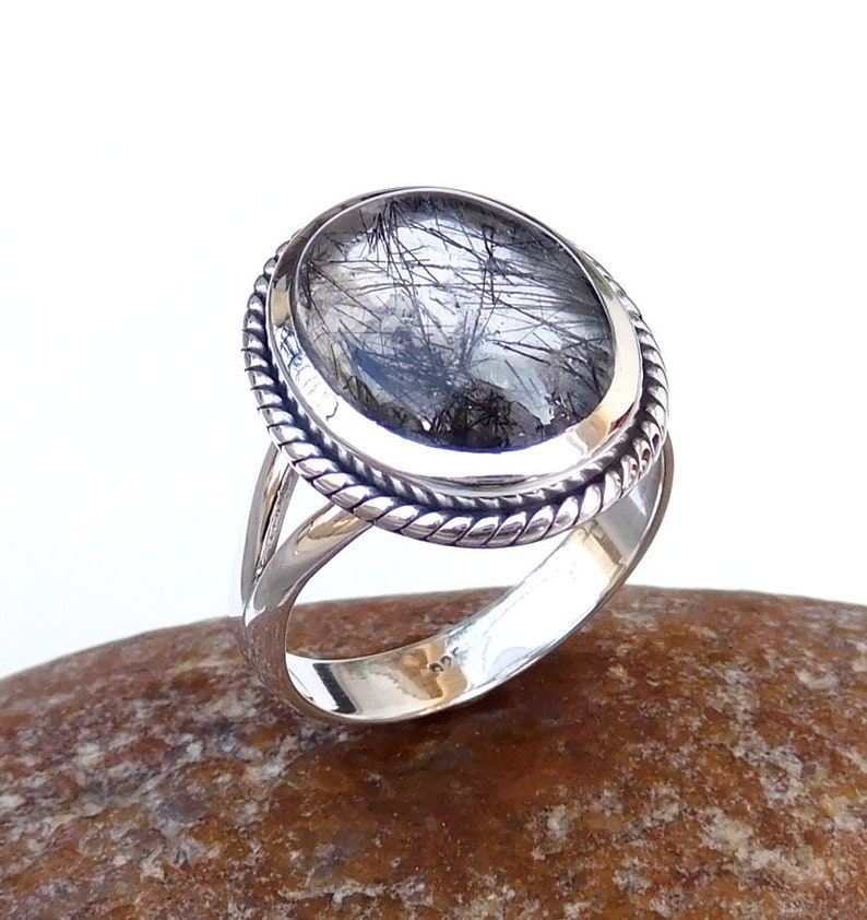 Oval Black Rutile Ring Rutilated Quartz Ring Tourmalated - Etsy
