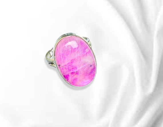 Real Pink Moonstone Gemstone Ring Cabochon Fire Stone Boho | Etsy
