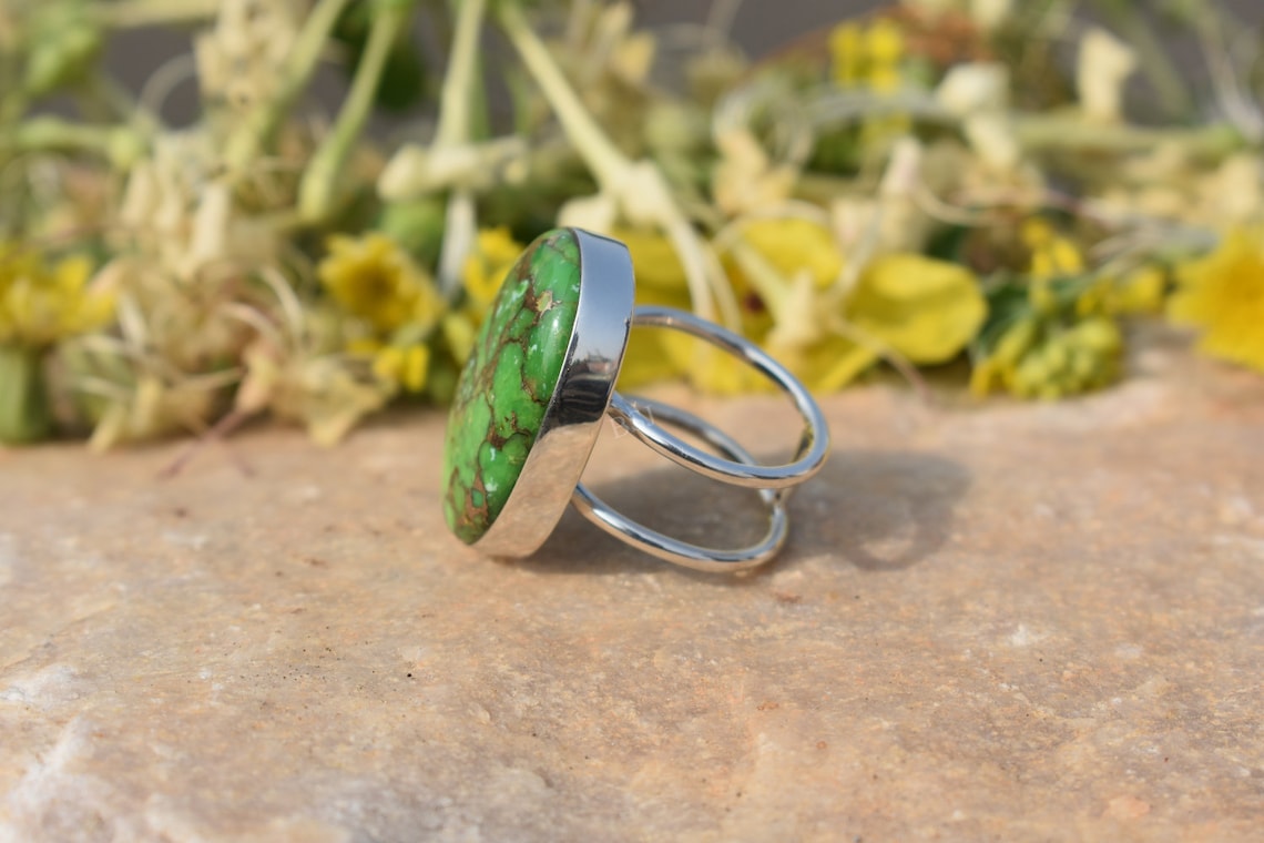 Green Copper Turquoise Ring Artisan Ring Double Band Ring - Etsy
