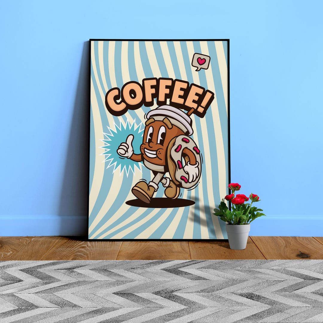 Retro Coffee Poster: Coffee & Donut — Cartoon Vintage Coffee Art Prints ...