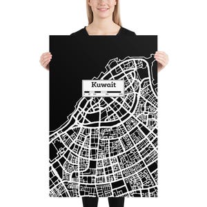 Kuwait City Map, Hand Drawn Poster — Black/white Modern Urban Print ...