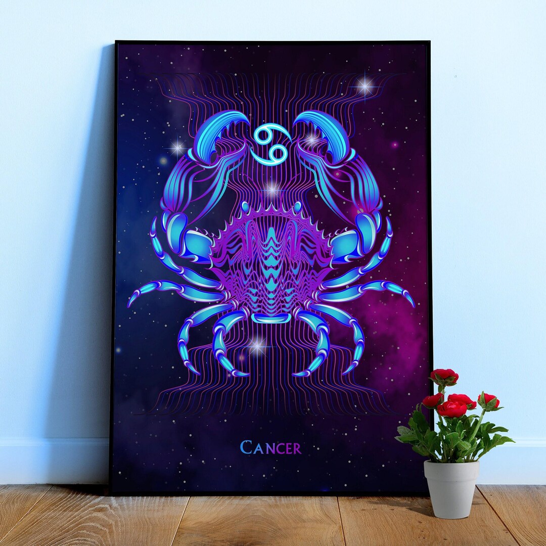 Cancer Zodiac Poster — Neon Glowing Astrology Wall Art, Purple Space ...