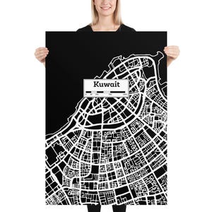 Kuwait City Map, Hand Drawn Poster — Black/white Modern Urban Print ...