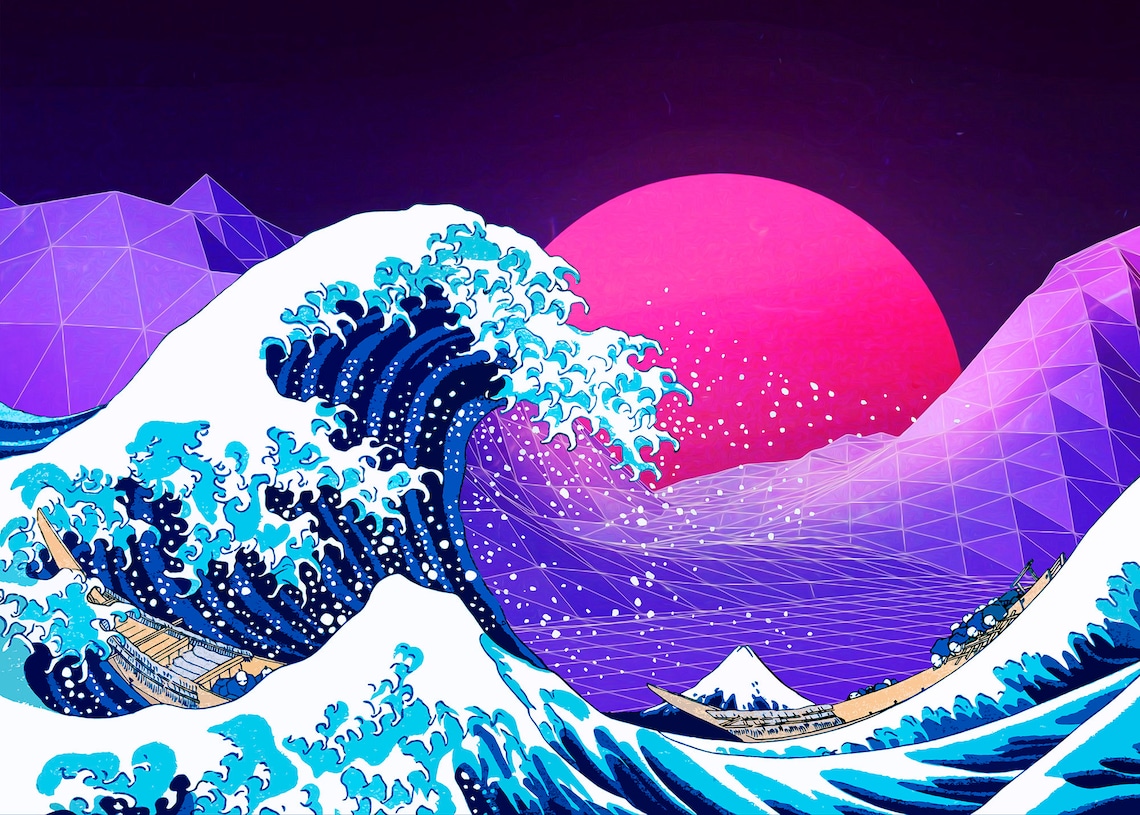 Synthwave Space: The Great Wave off Kanagawa Poster | Etsy