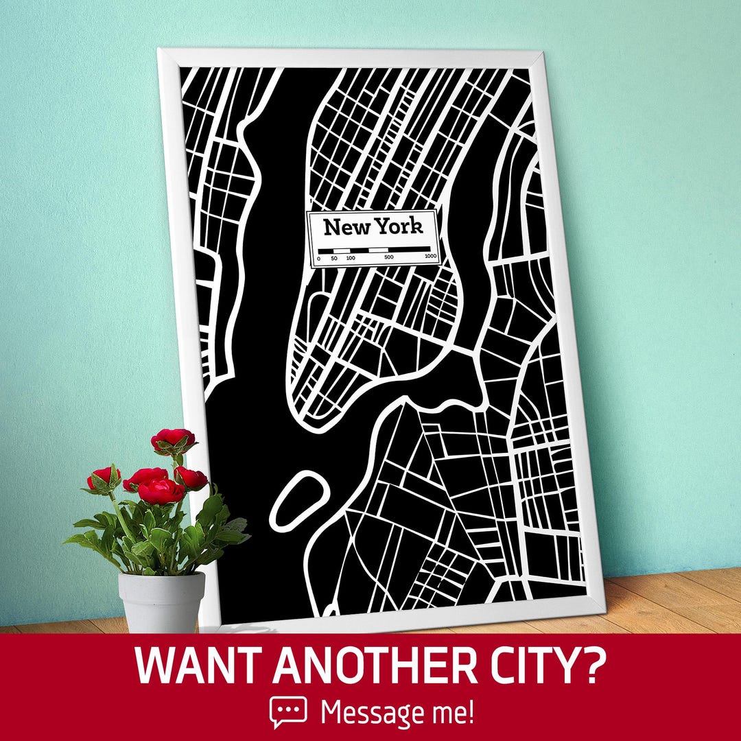 New York, Hand Drawn City Map Poster — Black White Modern Urban Art ...