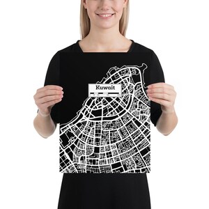 Kuwait City Map, Hand Drawn Poster — Black/white Modern Urban Print ...
